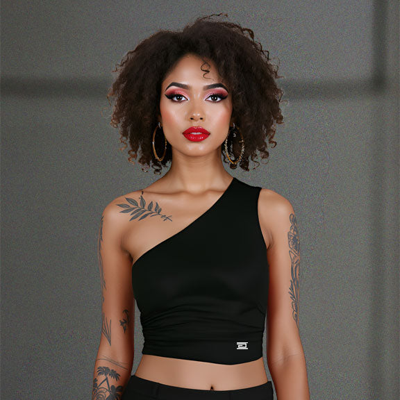 Drumcode logo print one shoulder top in black